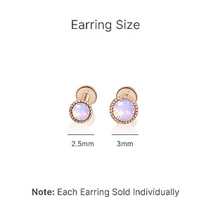 14K Solid Gold Milgrain Gemstone Bezel Single Stud Earring for Cartilage Tragus Helix Tragus CZ Stud 2mm 2.5mm 3mm Top Internally Threaded Flat Screw Back Upper Ear Piercing for Women Men (Single Piece)