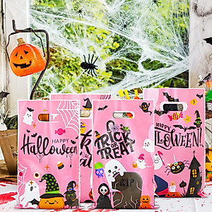 MARSOSAUR Halloween Candy Bag,100PCS Handle Candy Treat Bags Halloween Sweets Bags Trick or Treat Bags Reusable Pink Gift Bags for Halloween Party Supplies Favors, Homemade Craft Snack Gift Packing
