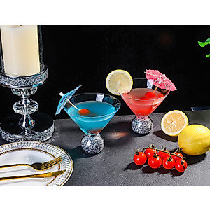 Dounx Set of 4 Stemless Martini Glasses, 8oz Margarita Glasses for Men and Women, Ultra-Thin Rim, Lead-Free Glass, Silver Rhinestone-Filled Spherical Base, Reusable