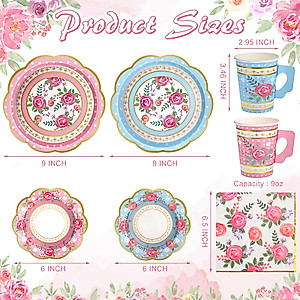 200 Pcs Disposable Tea Party Cups and Saucers Set, 50 Guests Floral Tea Party Supplies Include 9 oz Paper Tea Cups with Handle, 9 Inch Paper Plates, Saucers Napkins for Tea Party Birthday Wedding