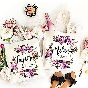 Personalized Wedding Gift Bags for Women w/Name & Text - 6 Floral Designs Customized Bridesmaid Canvas Bag Custom Flower Bride Shoulder Bachelorette Party Bridal Shower Tote C1, Beige