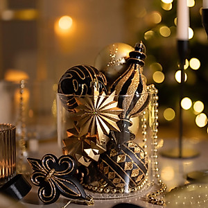 Valery Madelyn Christmas Tree Ornaments Set, 60ct Black and Gold Shatterproof Christmas Tree Decorations Bulk, Leopard Hanging Ball Ornaments for Xmas Trees Holiday Ramadan Decor