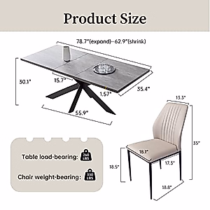 ZckyCine 6-8 People Modern Dining Table Rectangular Kitchen Space-Saving Expandable Metal Frame (Gray + 6 Beige Chairs)
