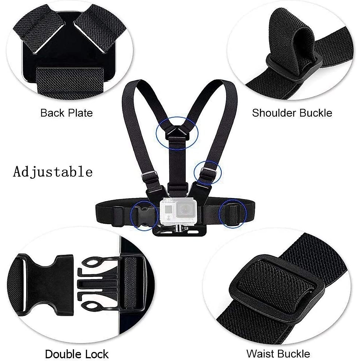 Adjustable Chest Mount Harness Chest Strap Belt for GoPro Hero10, Hero 9, Hero 8, Hero 7 Black, 7 Silver, 7 White, Hero 6, 5, 4, Session, 3+, 3, 2, 1, Hero (2018), 360 Degree Rotate Adapter Holder