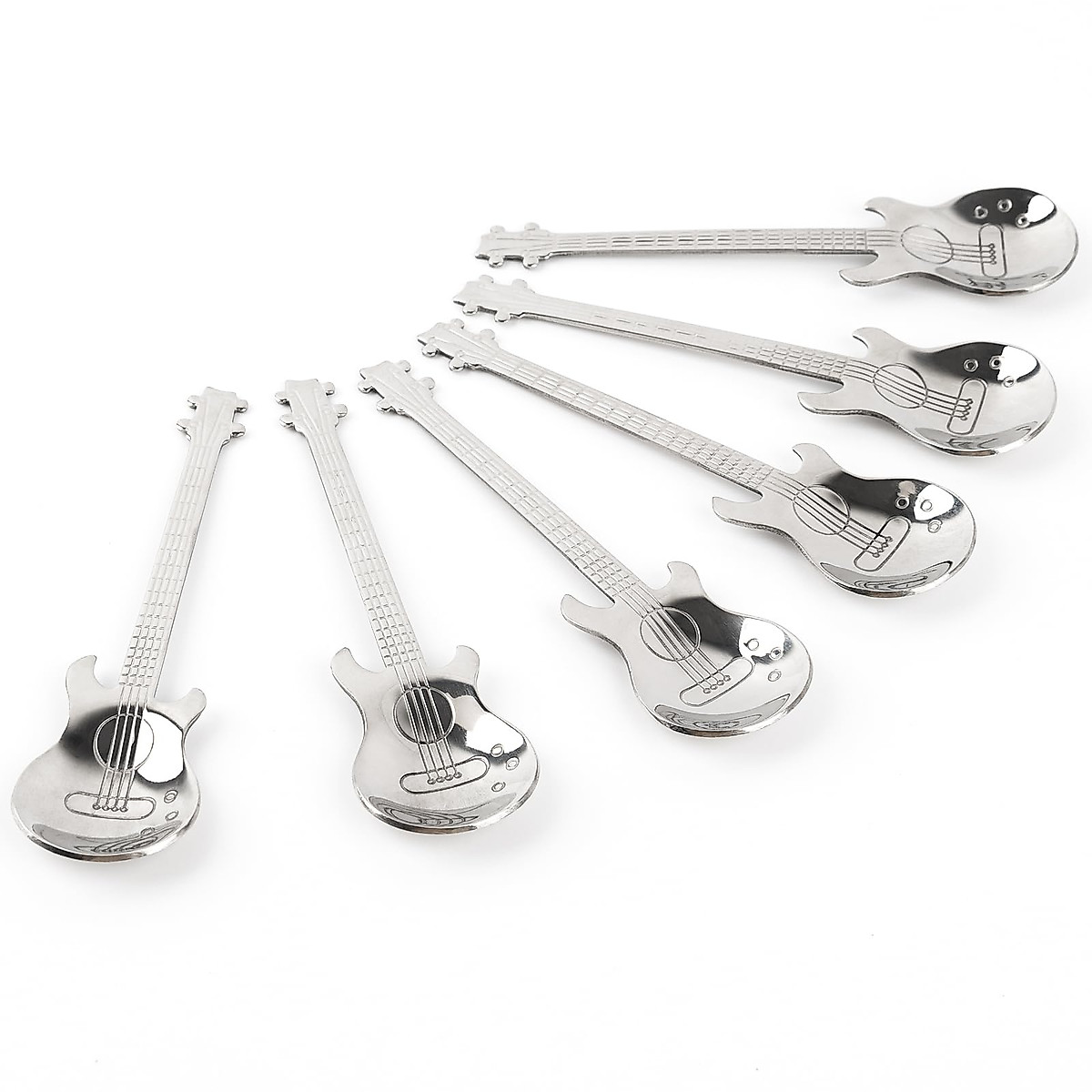 AUEAR, 6 Pack Guitar Dessert Spoons Stainless Steel Coffee Spoon Demitasse Espresso Spoons Musical Spoon Teaspoon for Stirring Drink Mixing Milkshake Jam Ice Cream Tea Cake (Silver)