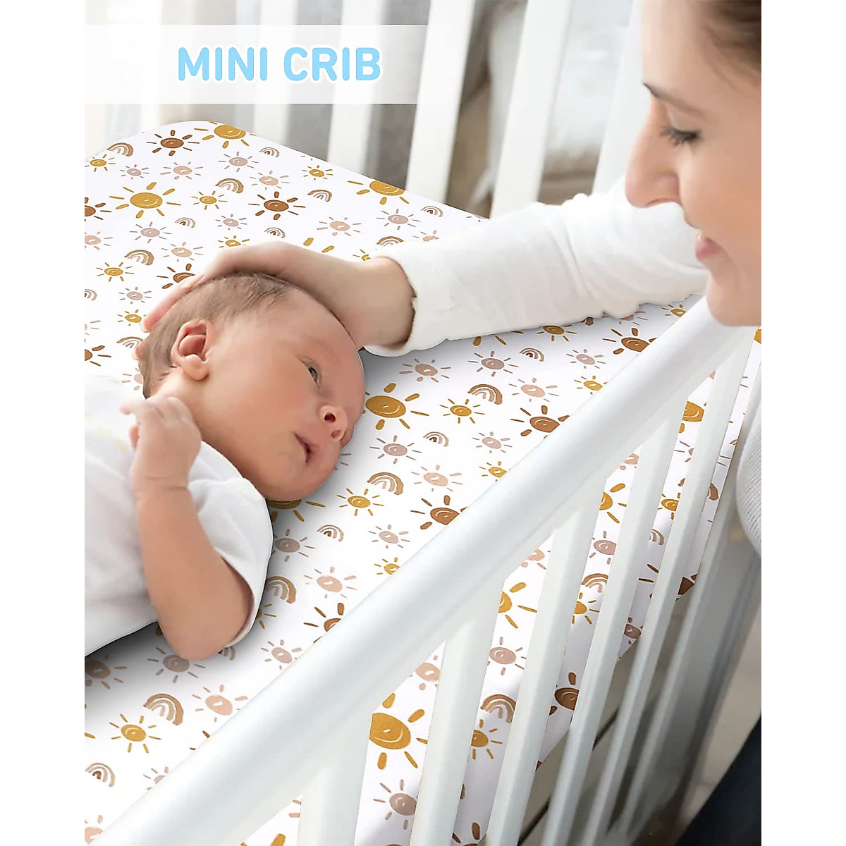 Babebay Pack N Play Sheets Fitted for Pack and Play Mattress and Mini Cribs, Jersey Knit Cotton for Natural Comfort Fitted for Baby Boys and Girls, Soft and Safe, 2 Pack (Rainbow and Sun)