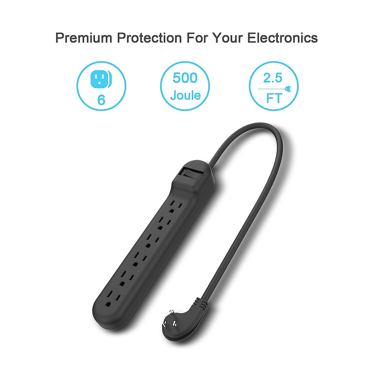 Wishinkle Surge Protector with 6 Outlets, 2.5-Foot Flat Plug Extension Cord Power Strip, 500 Joule, Multiple Protection Outlet Strip for Home, Office, Travel, School-Black, Pack of 2
