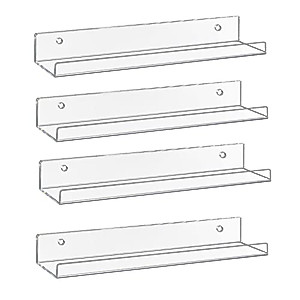 Watpot Acrylic Shelves, 15" Clear Floating Shelves, Clear Acrylic Bookshelf for Wall, Set of 4