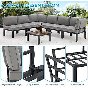 AECOJOY Outdoor Patio Furniture Set, Metal Patio Sectional Conversation Sofa, Black Wrought Iron Outdoor Furniture Sets Clearance with Grey Cushions