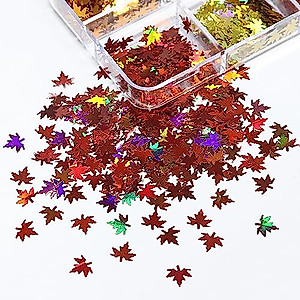 Autumn Fall Leaf Nail Glitter Shapes Thanksgiving Maple Leaf Glitter Sequins Holographic Nail Sequins Shapes Mixed Leaf Confetti Halloween Fall Maple Leaf Glitter Flake Design Decoration(6 Grids)