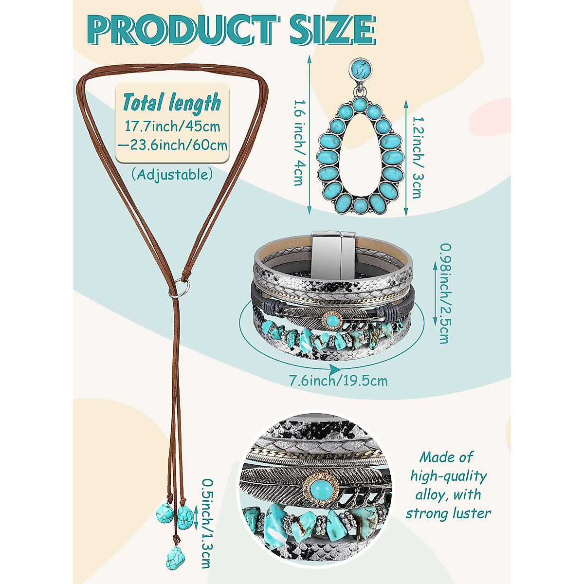 Inbagi 3 Pcs Western Jewelry for Women Bohemian Set, Boho Pendant Long Choker, Faux Leather Layered Bracelet, Dangle Earrings(Elegant Style)