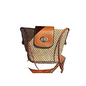 Yviv1yn Women Bag Straw Woven Trend Shoulder Crossbody Bag PU Patchwork Basket Rattan Bag Summer Beach Bolso (Color : Big Khaki, Size : One Size)