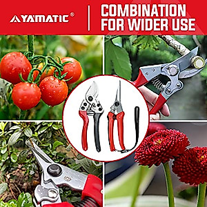 YAMATIC Garden Pruning Shears 2 Pack,1 Bypass Pruner+1 Straight Garden Scissors,Gardening Scissors Hand Prunerfor Cutting Flowers, Trimming Plants, Bonsai, Fruits Picking