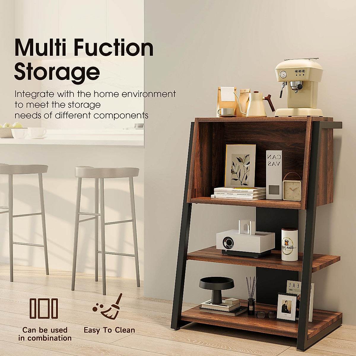 Fenge Bookshelf, 4 Tier Industrial Bookcase, Ladder Book Shelf with Storage Organizer, Small Bookshelves and bookcases for Office, Bedroom, Living Room