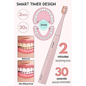 DMH Electric Toothbrush, Sonic Electric Toothbrush Powerful Cleaning, Rechargeable Travel Toothbrush with 4 Brush Heads, 3 Modes, 4 Hour Fast Charge for 60 Days Use, Pink
