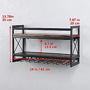 Weven Wine Rack Stemware Glass Rack,Industrial 24in 2-Tier Wood Shelf,Wall Mounted Wine Racks with 6 Glass Holder for Wine Glasses,Mugs,Home Decor,Rustic Black