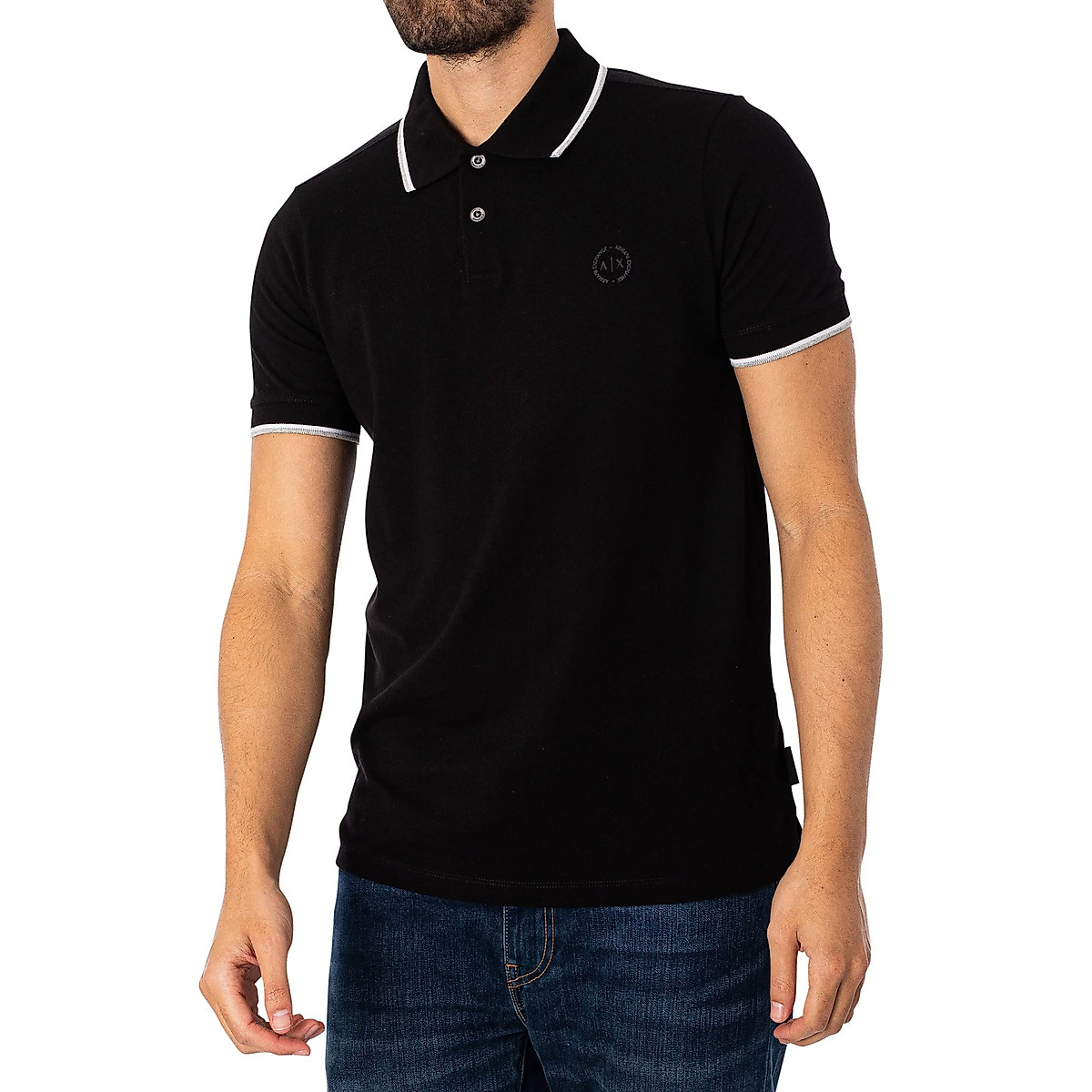 A｜X ARMANI EXCHANGE Mens Short Sleeve Jersey Knit Polo Shirt, Black, Large US