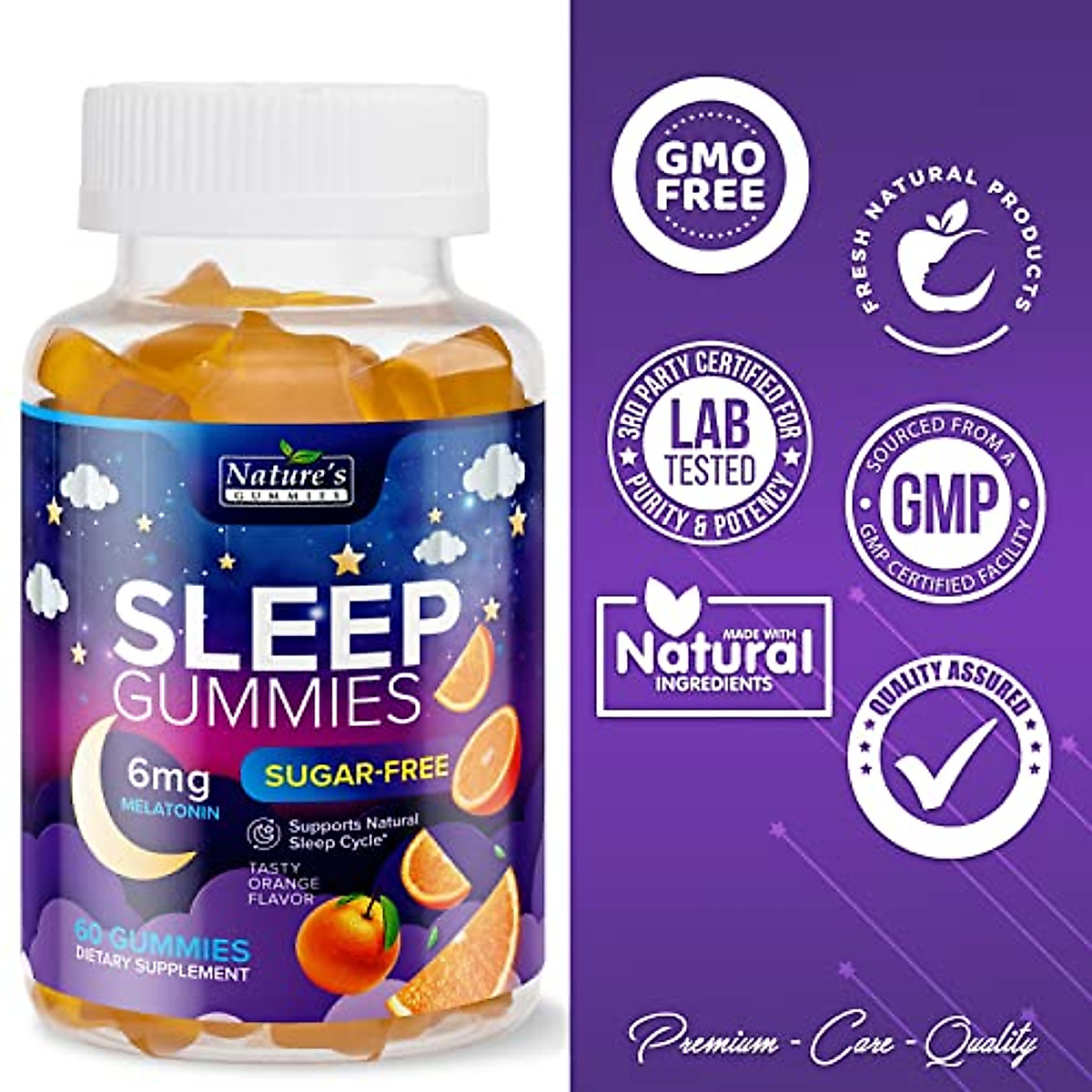Sleep Gummies Sugar Free - Extra Strength 6mg Melatonin, Natural Sleeping Gummy for Adults and Kids, Vegan, Non-GMO, Sleep Vitamin Support Supplement - 60 Gummies