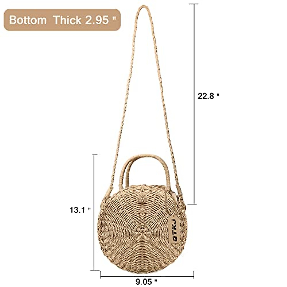 QTKJ Mini Beach Round Rattan Straw Bag, Summer Hand Woven Bali Straw Tote Crossbody Handbag for Womens, Round Handle Beach Handbags (Khaki)