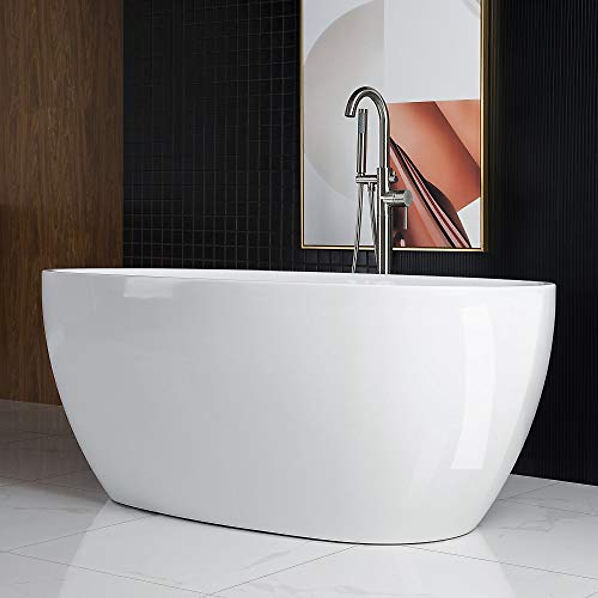 WOODBRIDGE 59"Freestanding White Acylic Soaking Bathtub with Brushed Nickel Drain and Overflow,BTA1518 -B/N-Drain &O