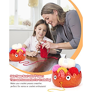 Coopay Flame Yarn Bowl for Crocheting/Knitting, Cute Yarn Storage Bowl with 7PCS Yarn, Large Size Ceramic Yarn Bowl Crochet Knitting Bowl for Beginners, Great Knitting Crochet Gift (6.8in)