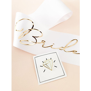 ModParty Bride to Be Sash| Bachelorette Party Sash | White + Gold Sash For Bride | Bridal Shower White Satin Sash | Includes Diamond Pin + Gift Box | Bachelorette Decorations