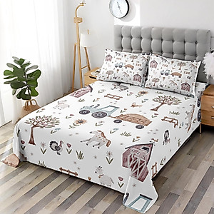 WeCozy Twin Size 3 Pcs Bed Fitted Sheet Set with 16" Deep Pocket, Animal Farm Tractor Flat Sheet Set for Kids and Adults, House Tree Pig Bedding Set with Pillowcase for Bedroom Decor