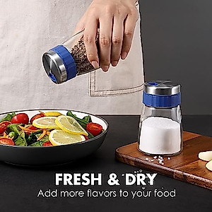 vzaahu Blue Glass Salt and Pepper Sharkers Set with Adjustable Pour Holes - Spice Shaker Salt Dispenser Pepper Dispenser - Perfect for Pink Himalayan, Table Salt, Black and White Pepper (Blue)