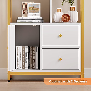 Amyove Gold Bookshelf with Drawers Modern Bookcase Storage Rack Shelf Tall Standing Bookshelves Metal Frame Large Display Racks Book Shelf for Bedroom, Living Room, Home Office, White/Gold