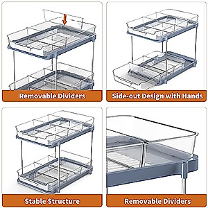 2 PCS Under Sink Organizers and Storage - 2 Tier Clear Bathroom Organizer Countertop, Multifunction Pull out Cabinet Organizer with 4 Movable Dividers, For Home, Kitchen, Office, Cabinet