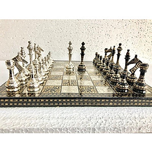 14" Handcrafted Russian Soviet Series Metal Chess Pieces & Board Set with Velvet Storage Box | Brass Metal Luxury Chess Set