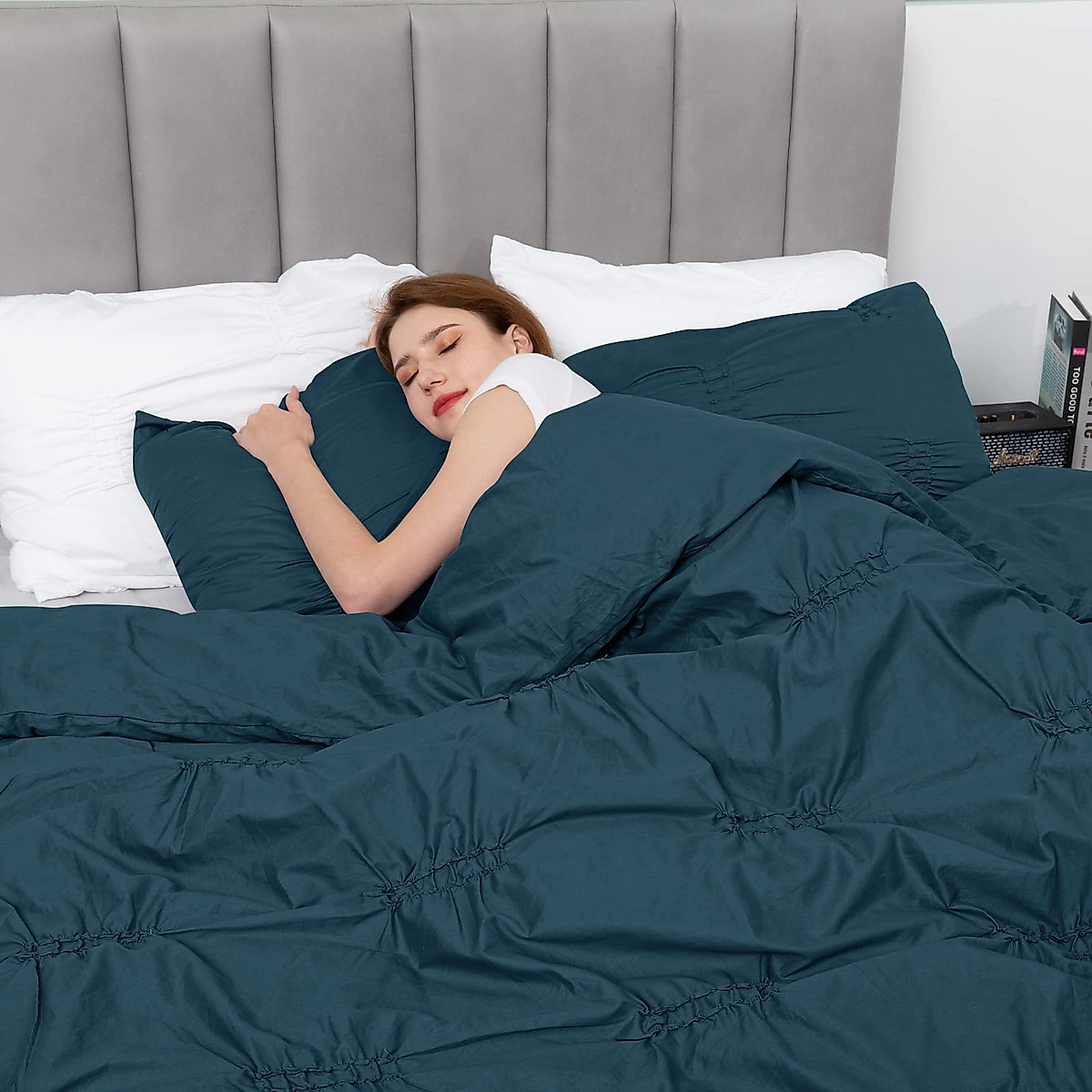 greenoak 100% Egyptian Cotton Pinch Pleated Queen Bedding Comforter Duvet Cover Sets, 1000 Thread 3 Pcs Ultra Soft Cotton Comforter Cover with Pillowcase (1 Duvet Cover + 2 Pillow Cases)