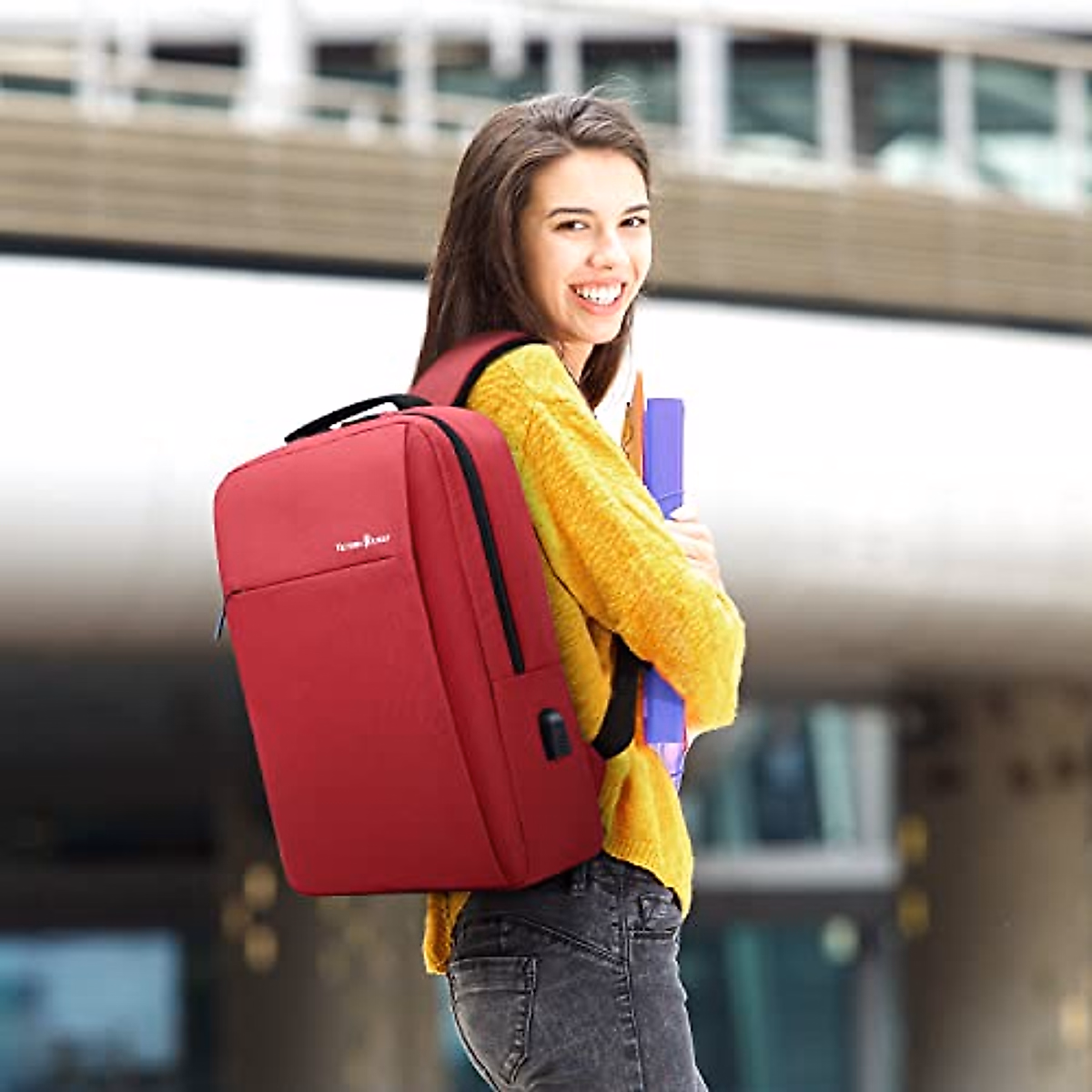 Victoriatourist Laptop Backpack for Women, Backpack College Bookbag with USB Charging Port, Water Resistant Daypack Cute Book Bag for Ladies Fit 15.6 Inch Computer（Red）