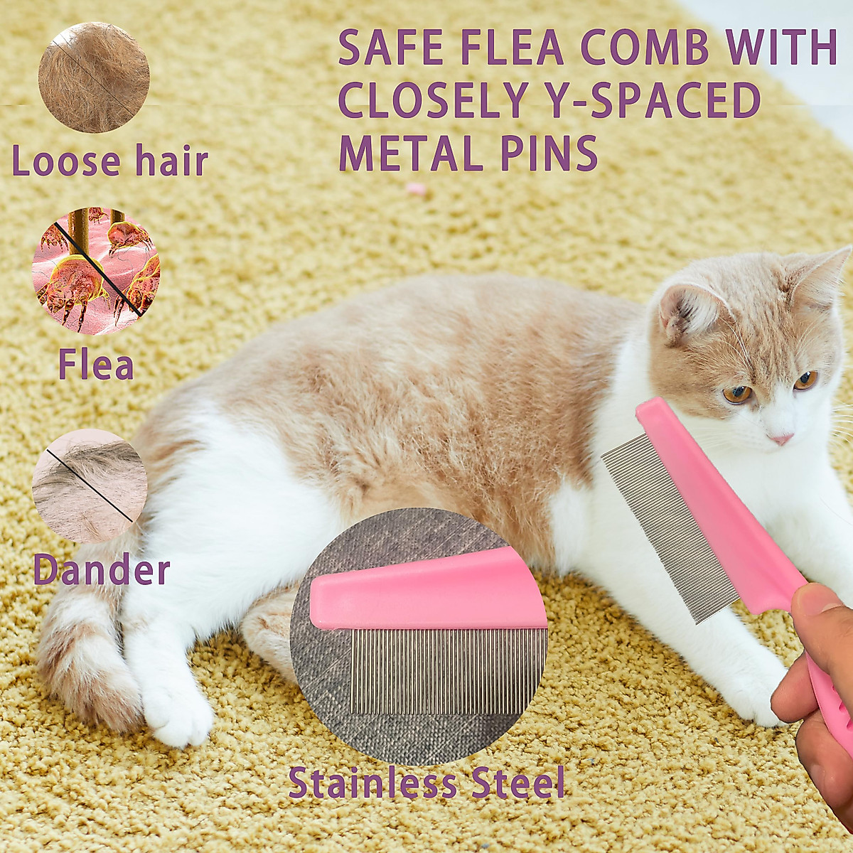 POSAPET Cat Brush Grooming Kit 6pcs - Cat Brushes for indoor Cats Shedding, Dog Brushes Kit for Small Dogs,Cat Brushes for Shedding for Long Haired Cats, Pet Self Cleaning Kit with Flea Comb Set Pink