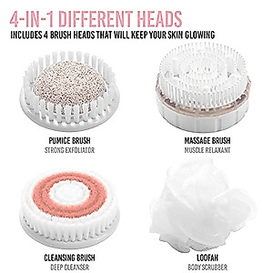 Brookstone 6 Piece Electric Body Bath Brush | Long Handled Body Scrubber and Facial Cleansing Brush | Battery Powered Shower Brush with 4 Spin Brush Heads