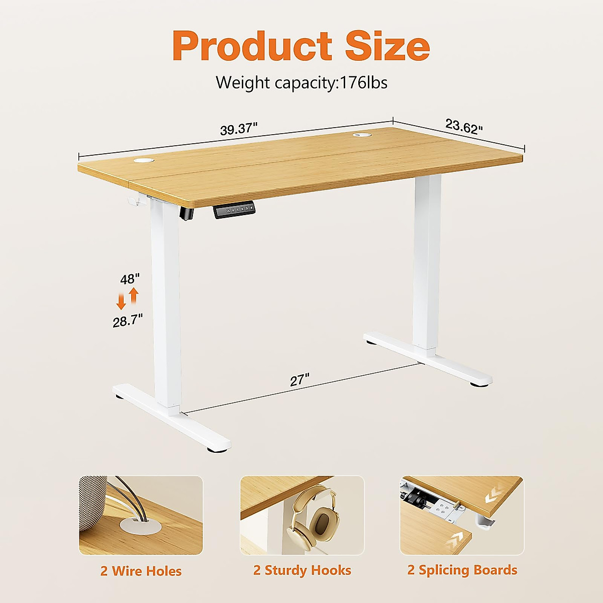 Sweetcrispy Standing Desk, Stand Up Desk, Electric Standing Desk with Splice Board, 40 x 24in Ergonomic Height Adjustable Desk Sit to Stand Desk, Computer Workstation Home Office Desk-Natural