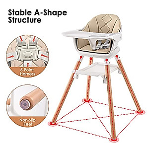 Beberoad Love Baby High Chair, 4 in 1 Wooden Highchair Convertible High Chair Booster Toddler Chair with Double Removable Tray, 5-Point Harness & PU Cushion for Babies Infants Toddlers White