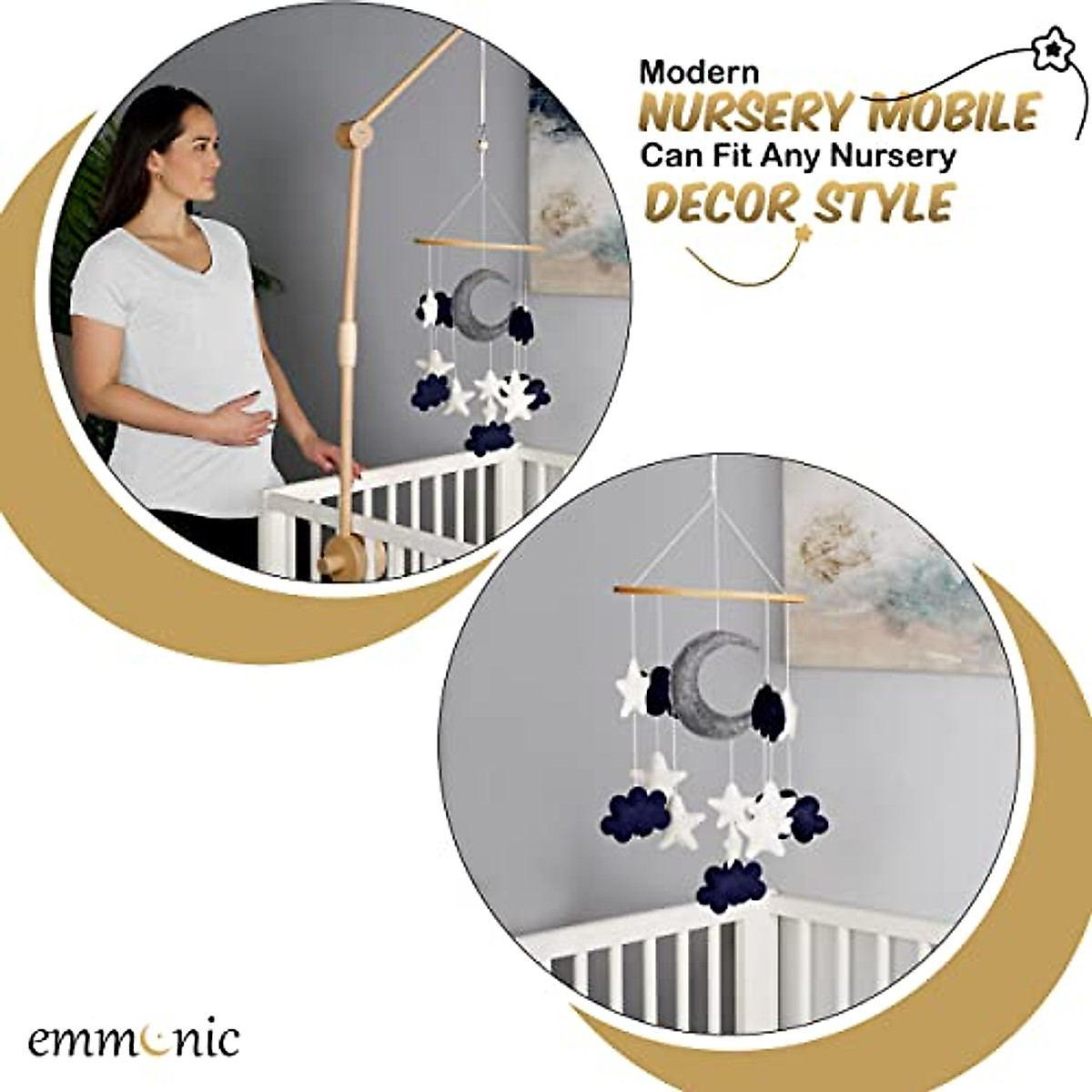 EMMNNIC Baby Mobile for Crib - Modern Boho Baby Mobile - Felt Nursery Mobile for Boy - White Stars - Navy Blue Clouds and Moon.