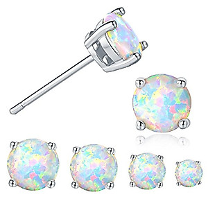 GEMSME 18K White Gold Plated 3/4/5/6mm Round Opal Stud Earrings Pack of 4