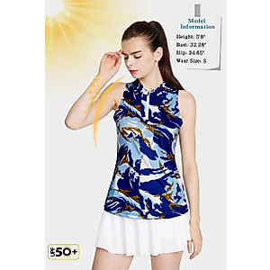 CQC Women's Sleeveless Golf Shirts Quick Dry Floral Athletic Polo with Collar Zip Up Lightweight Tennis Tank Tops Blue Camo XXL