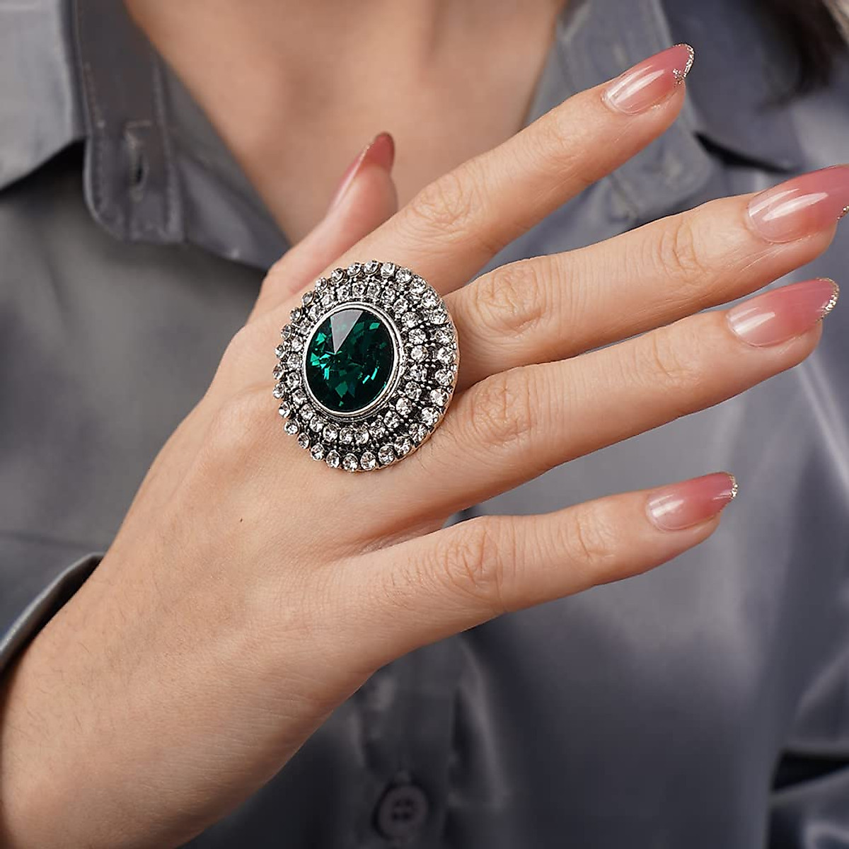 Jumwrit Vintage Knuckle Ring Open Band Ring Silver Rhinestone Ring Big Round Ring Adjustable Finger Ring Carved Ring Indian Ring for Women（Green）