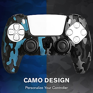 Fosmon Non-Slip Silicone Protective Case Compatible with Sony PS5 Controller (2 Pieces – Camo Black/Blue) Anti-Sweat Case Cover with 8 Pro Thumb Caps