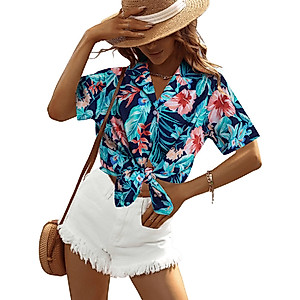 Hawaii Shirt Women Hawaiian Tshirt Floral Leaves Tee Tropic Beach Shirt Button Up Shirt Summer Vacation Shirt Blue