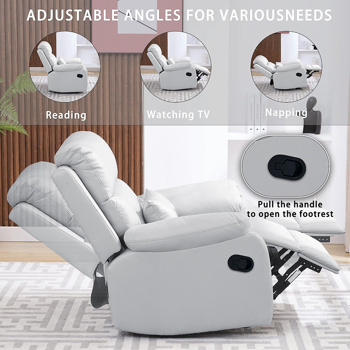 ACKEMO Faux Leather Recliner for Adults,Oversized Rocker Chair with Manual Recliner Single Sofa for Living Room,Modern Adjustable Ergonomics Lounge Chair with Lumbar Support,Gray