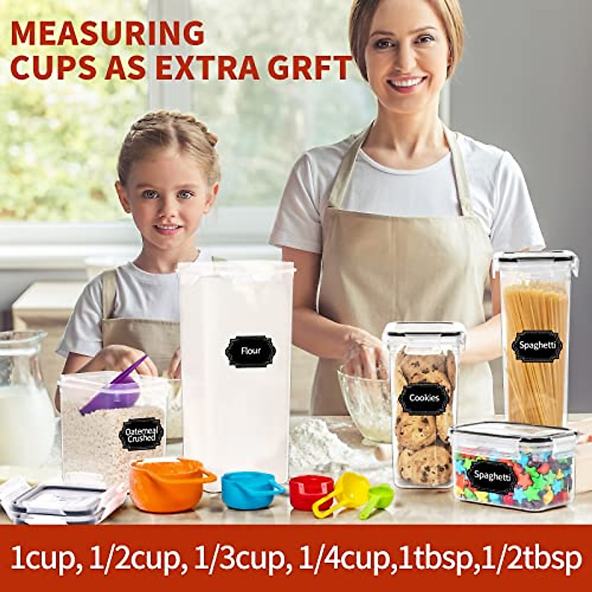 Skroam 14 Pack Airtight Food Storage Containers for Kitchen Pantry Organization and Storage, BPA Free Plastic Canister Set with Lids, Cereal, Flour & Sugar Containers- Spoon Set, Labels & Marker