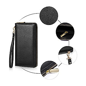 Chelmon Womens Wallet Large Capacity Zip Holder Clutch Bifold Wrist Strap Long Purse Black