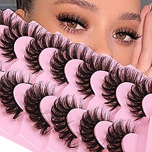 JIMIRE Mink Lashes Fluffy Cat Eye Lashes Wispy 6D Volume False Eyelashes that Look Like Extensions Thick Soft Curly Fake Lashes 7 Pairs Pack
