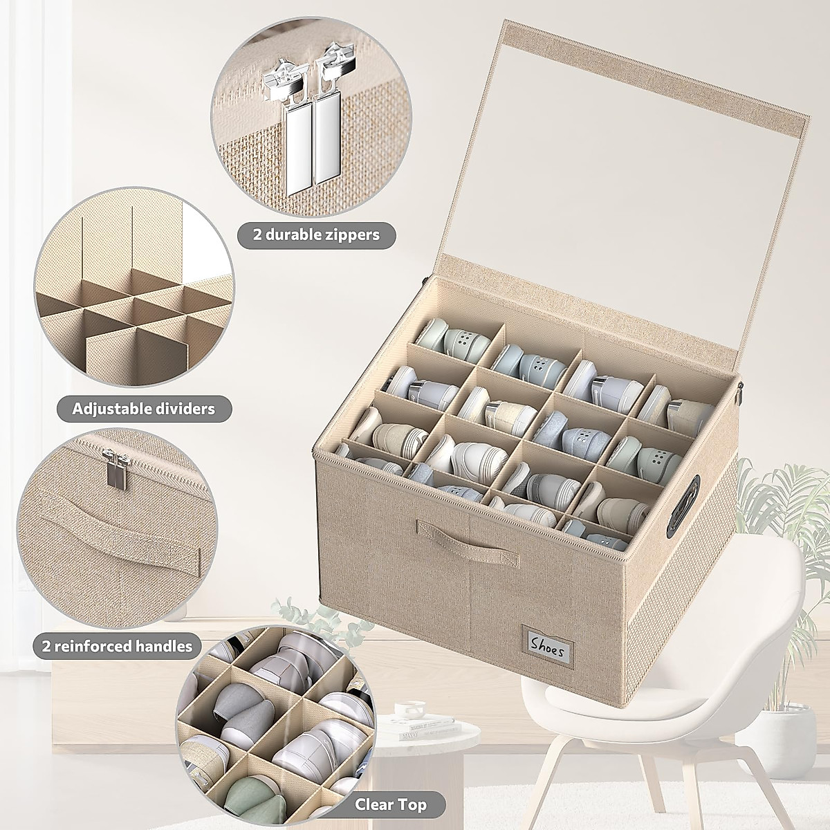2 Pack Shoe Organizer for Closet Large Shoe Box Storage Containers with Clear Window Space Saving Shoe Bin with Foldable Bottom Support Adjustable Dividers Fits 32 Pairs (Beige, (19.7x15.7x13inch)x2)