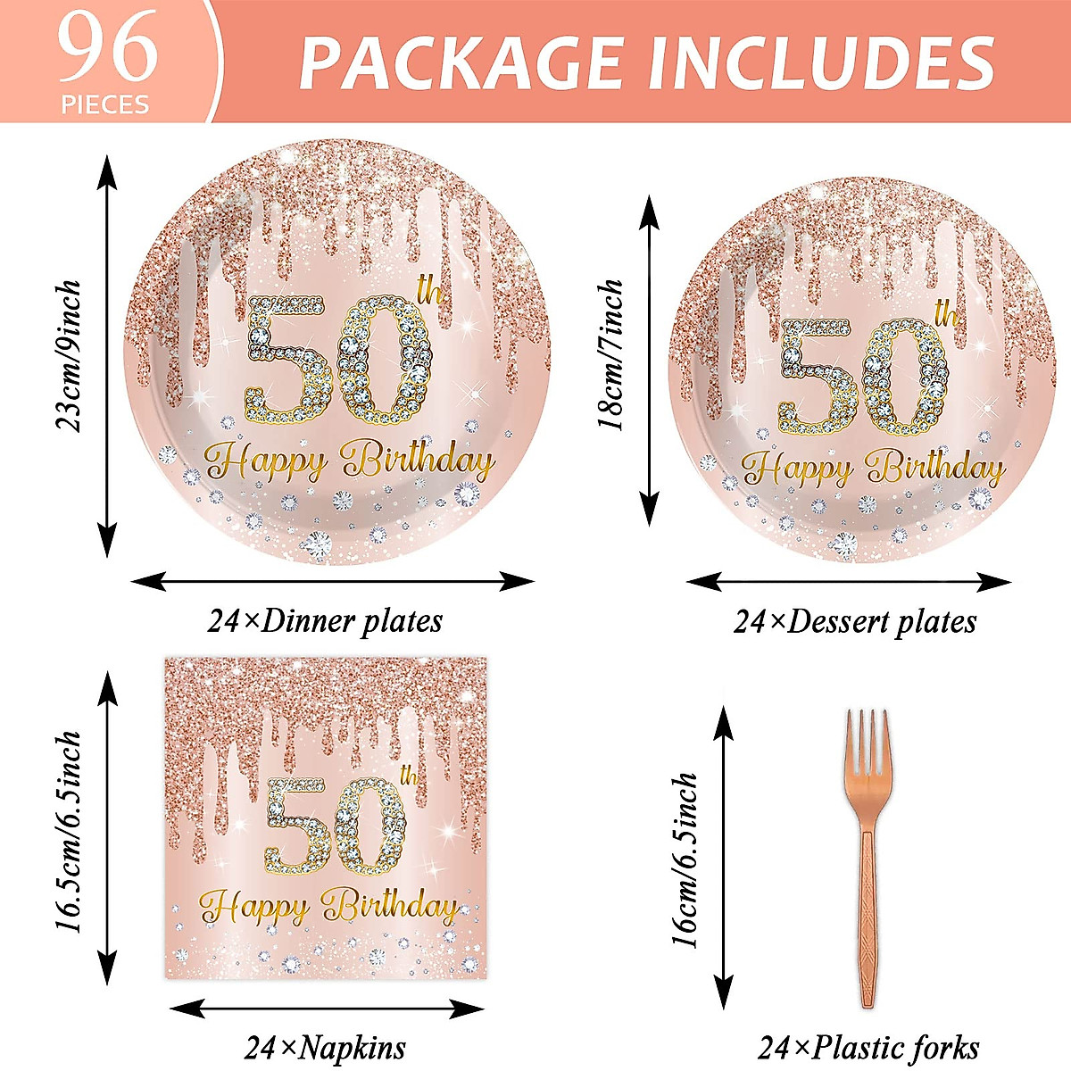 96 Pieces 50th Birthday Tableware Set for Pink Rose Gold 50th Birthday Table Decorations Supplies Pink Rose Gold Happy 50 Birthday Dessert Plates Napkins Forks for 24 Guests Women Birthday Supplies