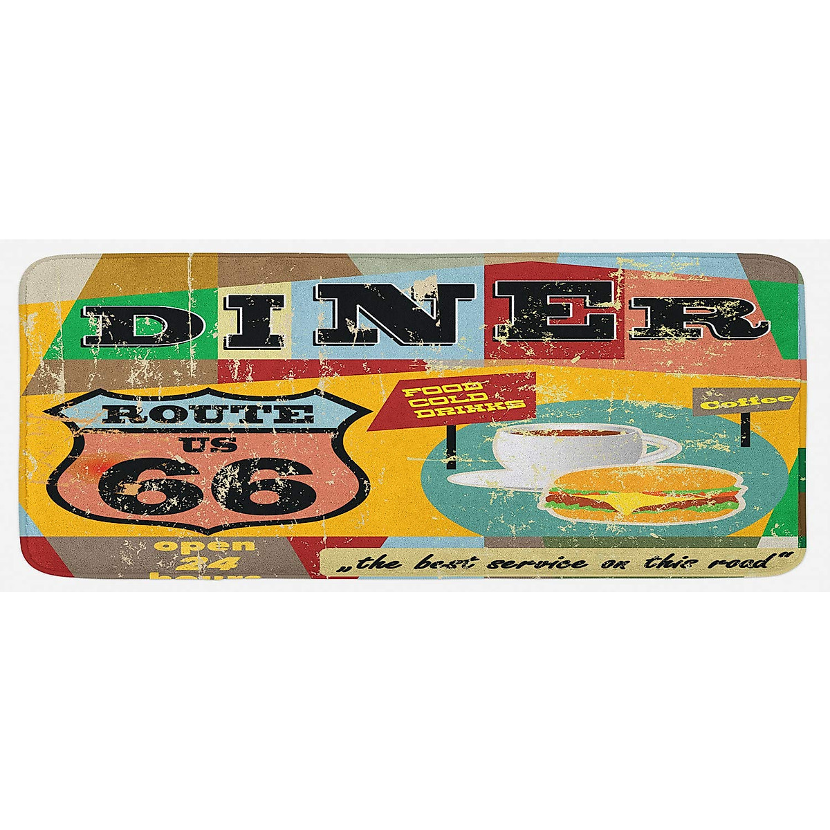 Lunarable Route 66 Kitchen Mat, Nostalgic Diner Signboard Grunge Toned Food Drink Coffee Burger Illustration, Plush Decorative Kitchen Mat with Non Slip Backing, 47" X 19", Multicolor